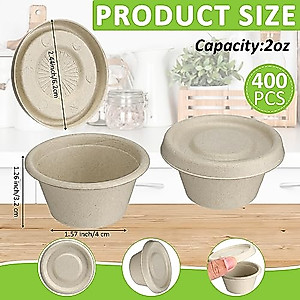 Hsei 400 Set 2oz Disposable Souffle Cups with Lids Bagasse Fiber Condiment Paper Cups Serving Sample Cups Mini Tasting Cups for Sauce Salad Snack Charcuterie Dessert Serving, Include 400 Cups 400 Lids