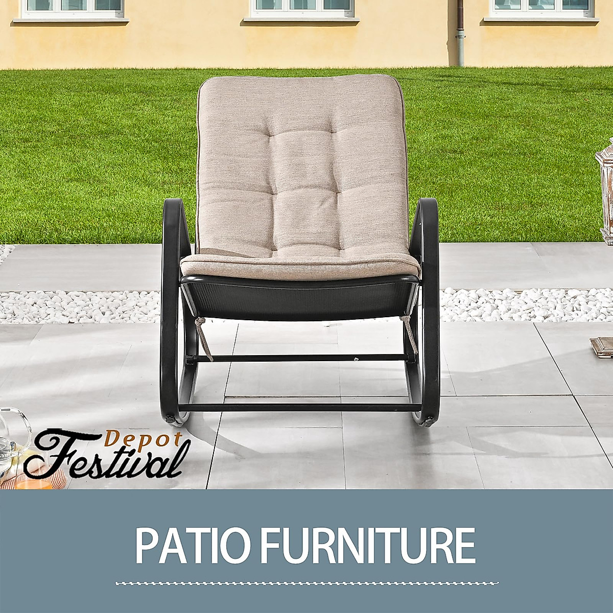 Festival Depot Patio Upholstered Rocking Chair Lounge Chairs Living Room Sofa Glider Rocker Chair w/Metal Frame Removable Cushion High Back Widened Seat Best Comfy Modern Portable