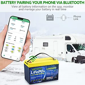 LOSSIGY 12V 100AH LiFePO4 Lithium Battery, Low Temp Protection with 100A Bluetooth BMS, 10 Yrs Lifespan, 400A Peak Current, Perfect for Golf Cart, Trolling Motor, Solar System, RV, Marine