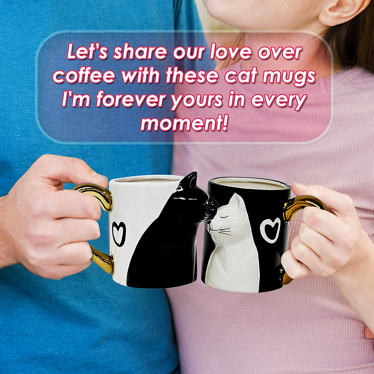 JVSupply Couple Gifts Cute Kissing Cat Mug Set Matching Couples Gold Ceramic Coffee Mug Set Couple Gifts for Wedding Anniversary Engagement Gifts for Cat Lovers 14oz.