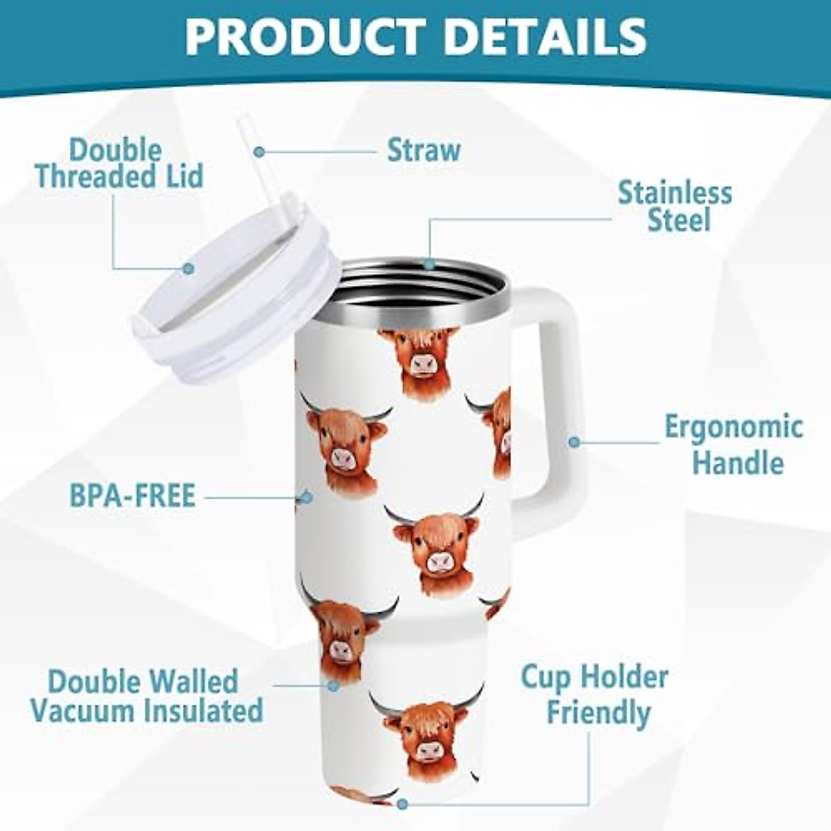 ODAWA 40oz Fall Insulated Tumbler with Straw and Handle, Cute Highland Cows Double Wall Insulated Tumbler