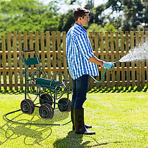 VINGLI 4-Wheel Garden Hose Reel Cart with Storage Basket, Portable Residential Hose Reel Cart, Lawn Watering, for Garden Backyard and Farm (Green)