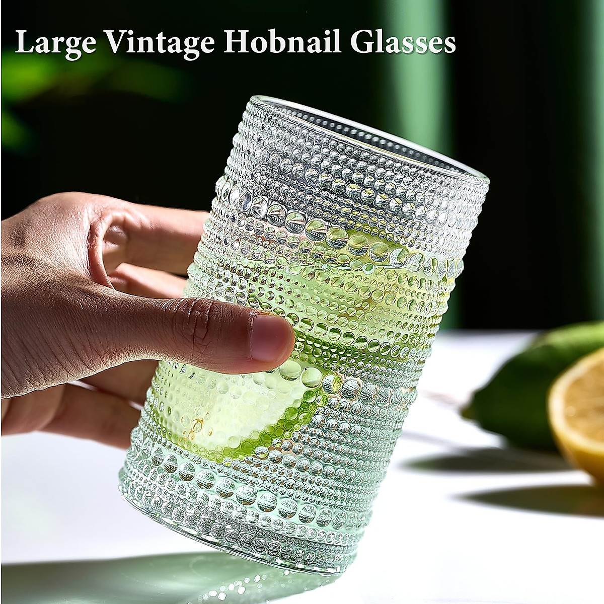 Mfacoy Large Vintage Hobnail Drinking Glasses Set of 6, 14 oz Cocktail Glasses,Highball Glasses, Embossed Glass Cups, Clear Water Tumbler, Glassware for Beer, Juice, Cocktail, Whiskey, Milk