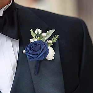 Rinlong Navy Blue Rose Corsage and Boutonniere Set for Men Wedding Homecoming Prom