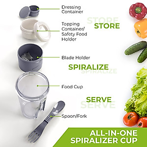 Mueller Spiralizer for Veggies, Salad Container for Lunch - All-In-One Food Prepper, Zucchini Noodle Maker, Vegetable Spiralizer, Comes with Fork, Salad Dressing Container/Spice-Nut Containers