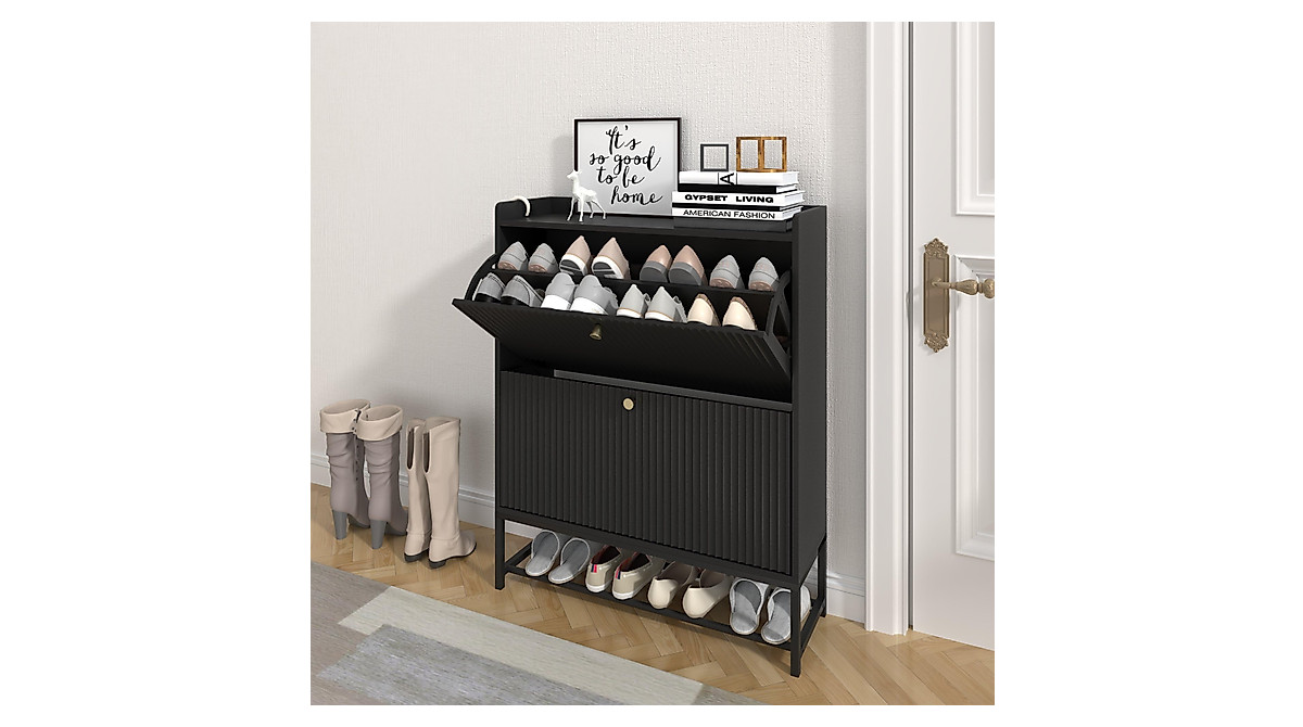 RARZOE Modern Fluted Shoe Cabinet with 2 Flip Drawers