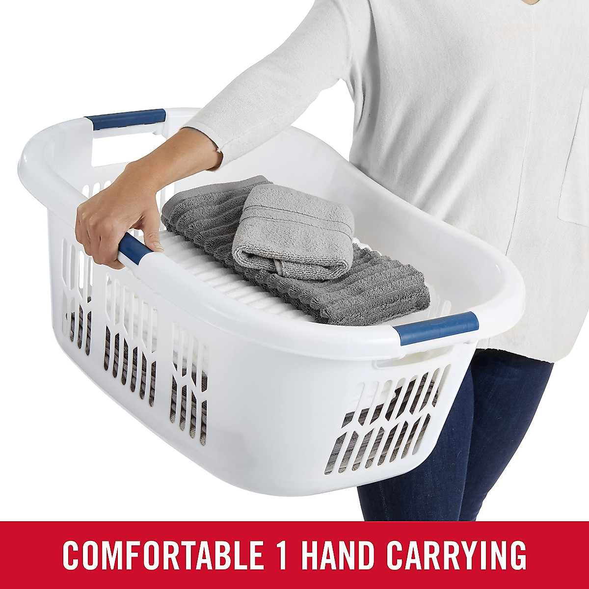Rubbermaid XL Hip-Hugger Laundry Basket/Hamper, 2.1-Bushel, White, Stackable Storage Bin/Organizer for Bathroom/Bedroom/Dorm/Home