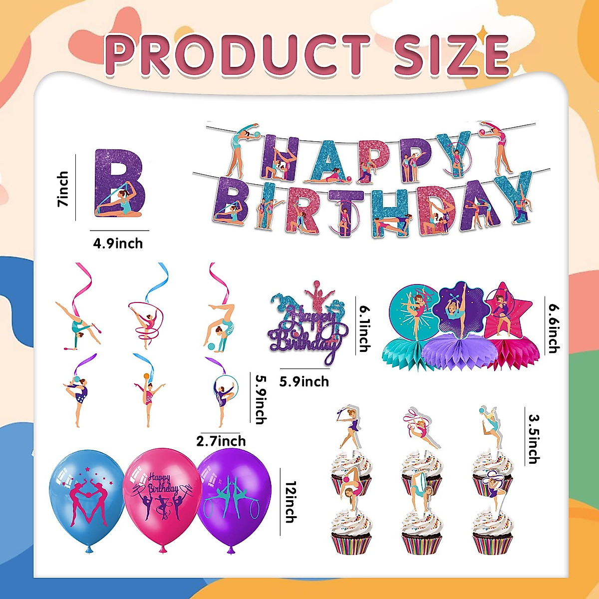 Gymnastics Birthday Party Decorations,61 Pieces Gymnastics Party Supplies for Girls,Include Gymnastics Birthday Banner,Latex Balloons,Honeycomb Centerpiece Table Decorations