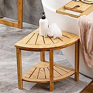 ZIKWOR Bamboo Corner Shower Stool for Shaving Legs Foot Rest, Waterproof Bath Bench Seat with Storage Shelf and Soap Dish for Bathroom Inside Shower,2-Tier Wooden Bathroom Shower Stool