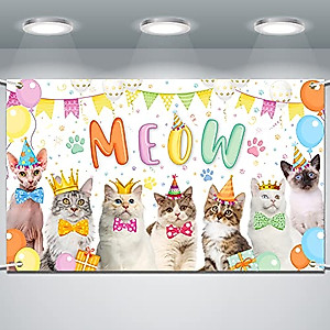 Cat Happy Birthday Backdrop Meow Kitten Photography Background Cat Birthday Party Supplies Cat Party Decorations Photo Backdrop for Pets Cat Owner Children Kids Cat Theme Birthday Party