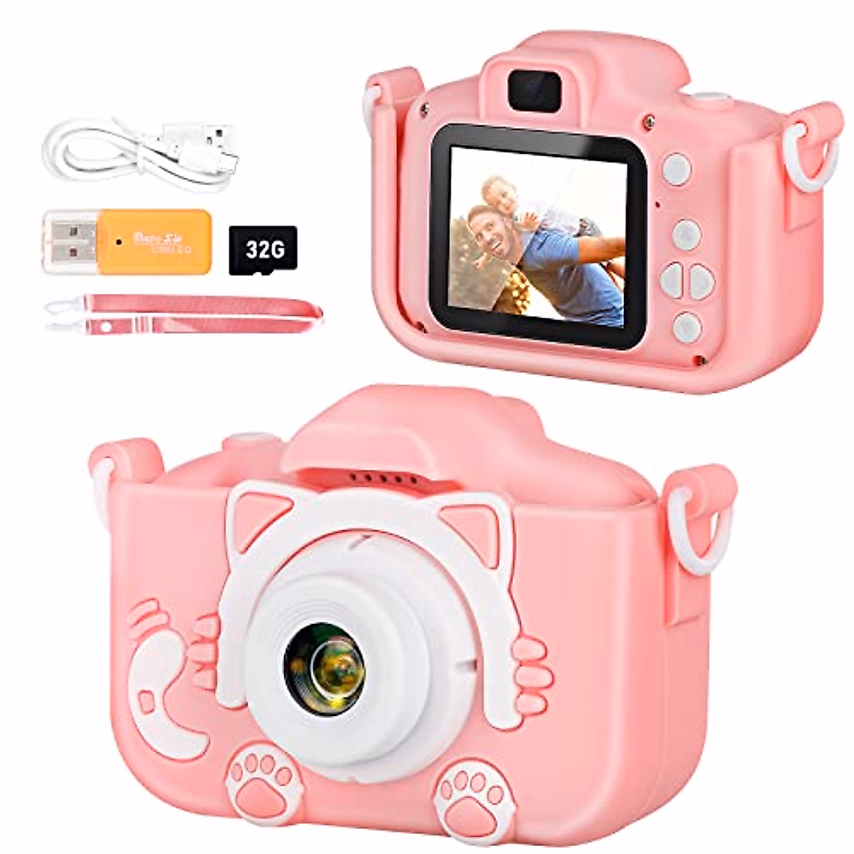 Vasttron Camera Toys for Kids 3 4 5 6 7 8 9 10 11 12 Years - Girls Boys Gift Digital Selfie Cameras Toddler Pink/Blue Cute Cat Camcorder Video Game Tools Children Electronics Toy with 32GB SD Card