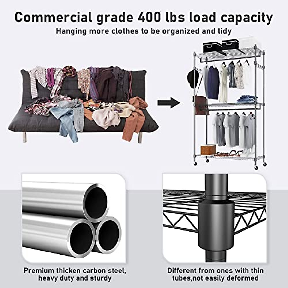 Heavy Duty Garment Rack on Wheels, Portable Clothes Racks for hanging clothes, Simple Sturdy Wardrobe Rack with Double Hanging Bar, 2 Hanger Hooks - Hold Up to 400Lbs (Black, 2Rod 2Hook)