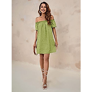 SOLY HUX Women's Sundress Off The Shoulder Short Sleeve A Line Tunic Mini Dress Solid Lime Green S