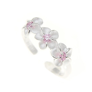 Arthur's Jewelry 925 sterling silver Hawaiian 3 triple plumeria flower pink cz open toe ring
