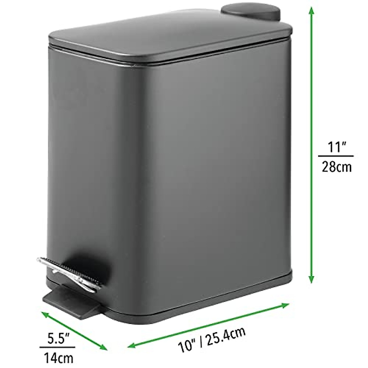 mDesign Slim Metal Rectangle 1.3 Gallon Trash Can with Step Pedal, Easy-Close Lid, Removable Liner - Narrow Wastebasket Garbage Container Bin for Bathroom, Bedroom, Kitchen, Office - Charcoal Gray
