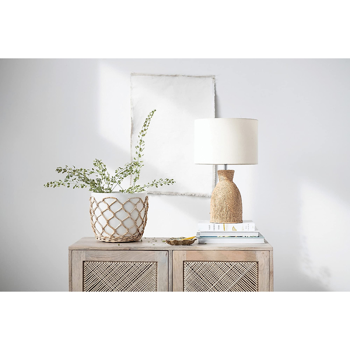 Creative Co-Op Mango 2 Woven Rope Doors, 1 Shelf and Tassel Handles Console, Bleached Wood