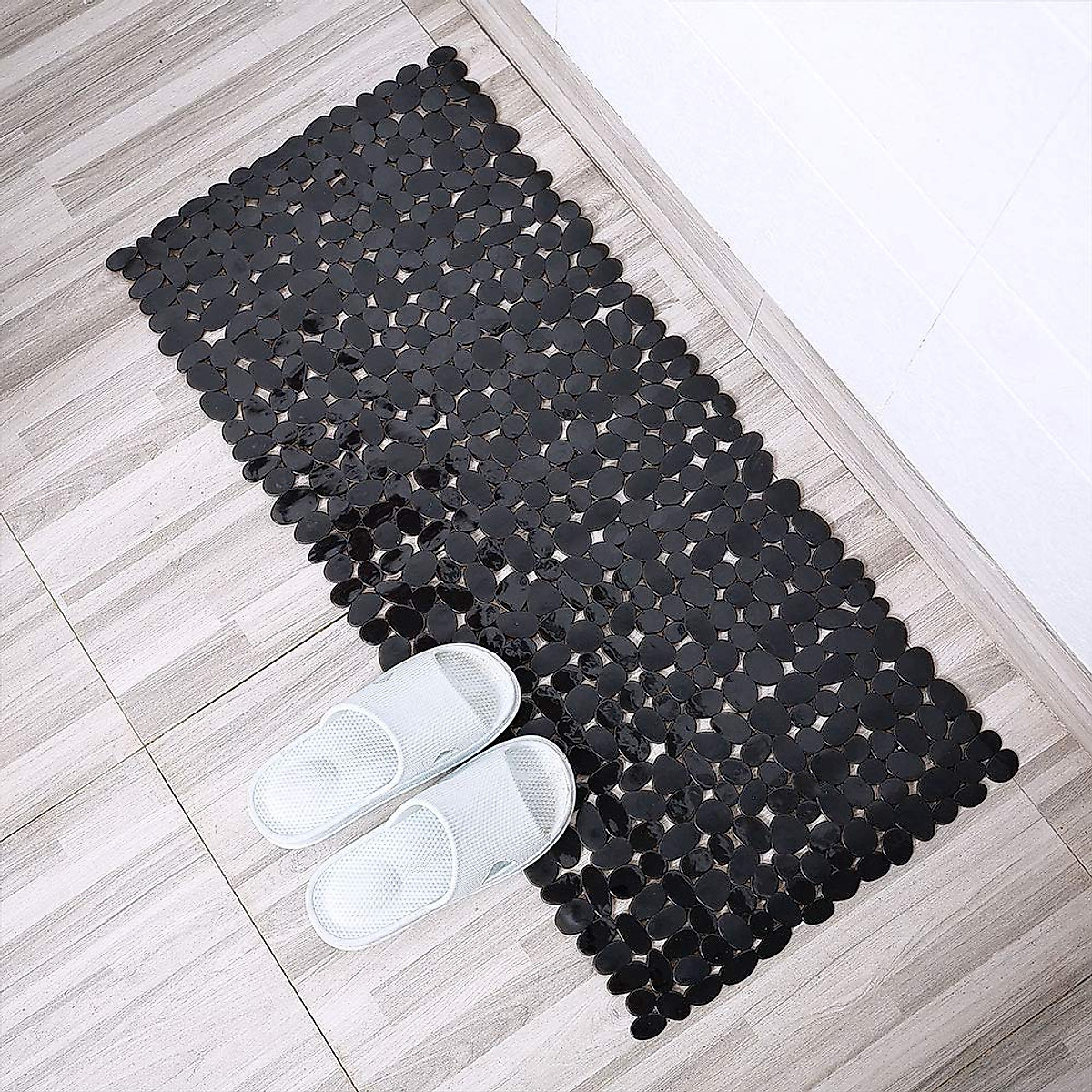 Non-Slip Pebble Bathtub Mat Black 16 W x 35 L Inches (for Smooth/Non-Textured Tubs Only) Safe Shower Mat with Drain Holes, Suction Cups for Bathroom