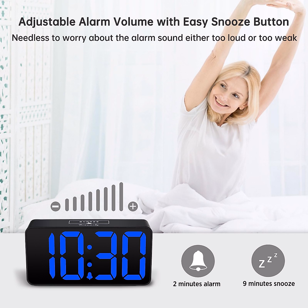 DreamSky Small Digital Alarm Clock for Bedroom, Large Big Numbers Display with Brightness Dimmer, Electric Bedside Desk Clock with USB Charging Port, Adjustable Alarm Volume, 12/24Hr, Snooze