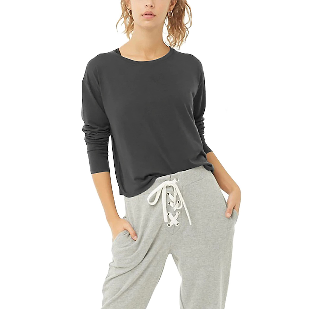 Bestisun Long Sleeve Yoga Shirts Open Back Workout Tops Women Backless Top Exercise Clothes for Women Loose Fit Deep Gray S