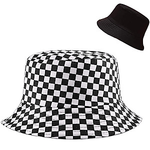 XYIYI Black White Checkered Flag Bucket Hat Trendy Fishing Hat for Women Teen Girls, Reversible Double Side