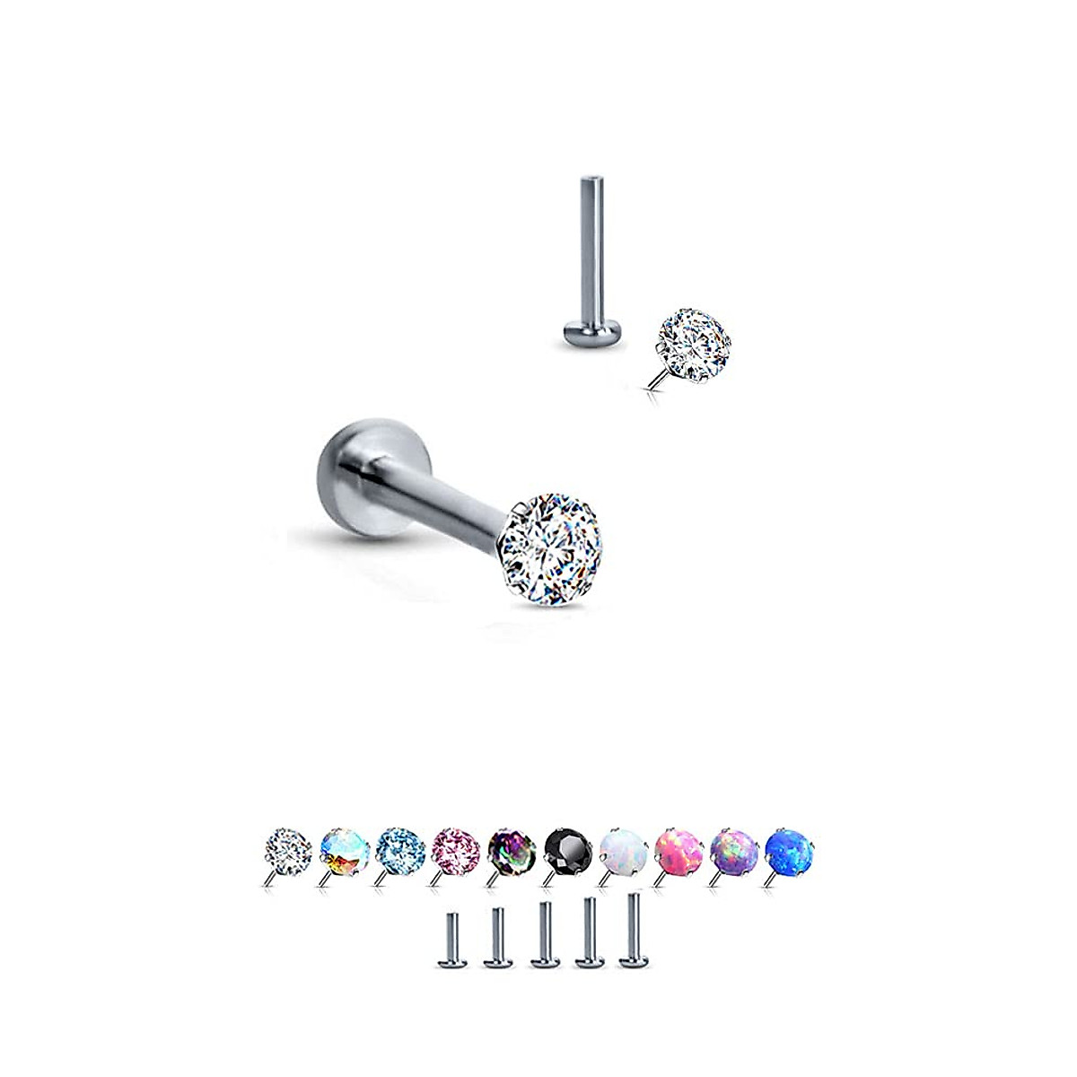 Titanium Labret Monroe Ear Cartilage Threadless Push Pin Nose Stud 2mm Black Prong Set CZ 9/32" (7mm) Post 18G