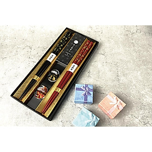 Premium Japanese Chopsticks Reusable with Chopsticks Rest Set of 2 Pairs[ Made in Japan ] Traditional Lacquer Art Wooden Chopsticks (Gold Flower BK/RD(MK018))