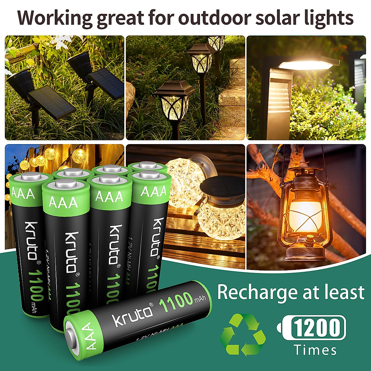 Kruta Solar Lights Batteries AAA 1100mah High Capacity 1.2V Ni-MH Rechargeable AAA Solar Battery for Outdoor Solar Lights, Battery String Lights, TV Remotes (Pack 8)…