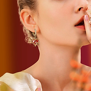 Sonateomber Orange Maple Leaf Dangle Drop Small Gold Hoop Huggie Earrings for Women, Cute Sparkly Crystal Cubic Zirconia Rhinestone Fall Autumn Holiday Accessories Jewelry Gift