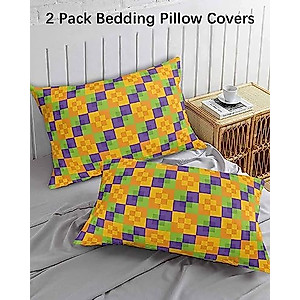 Edwiinsa Halloween Pillow Covers King Standard Set of 2 Bed Pillow, Yellow Green Purple Plaid Checkered Geometric Plush Soft Comfort for Hair/Skin Cooling Pillowcases with Envelop Closure 20''x36''