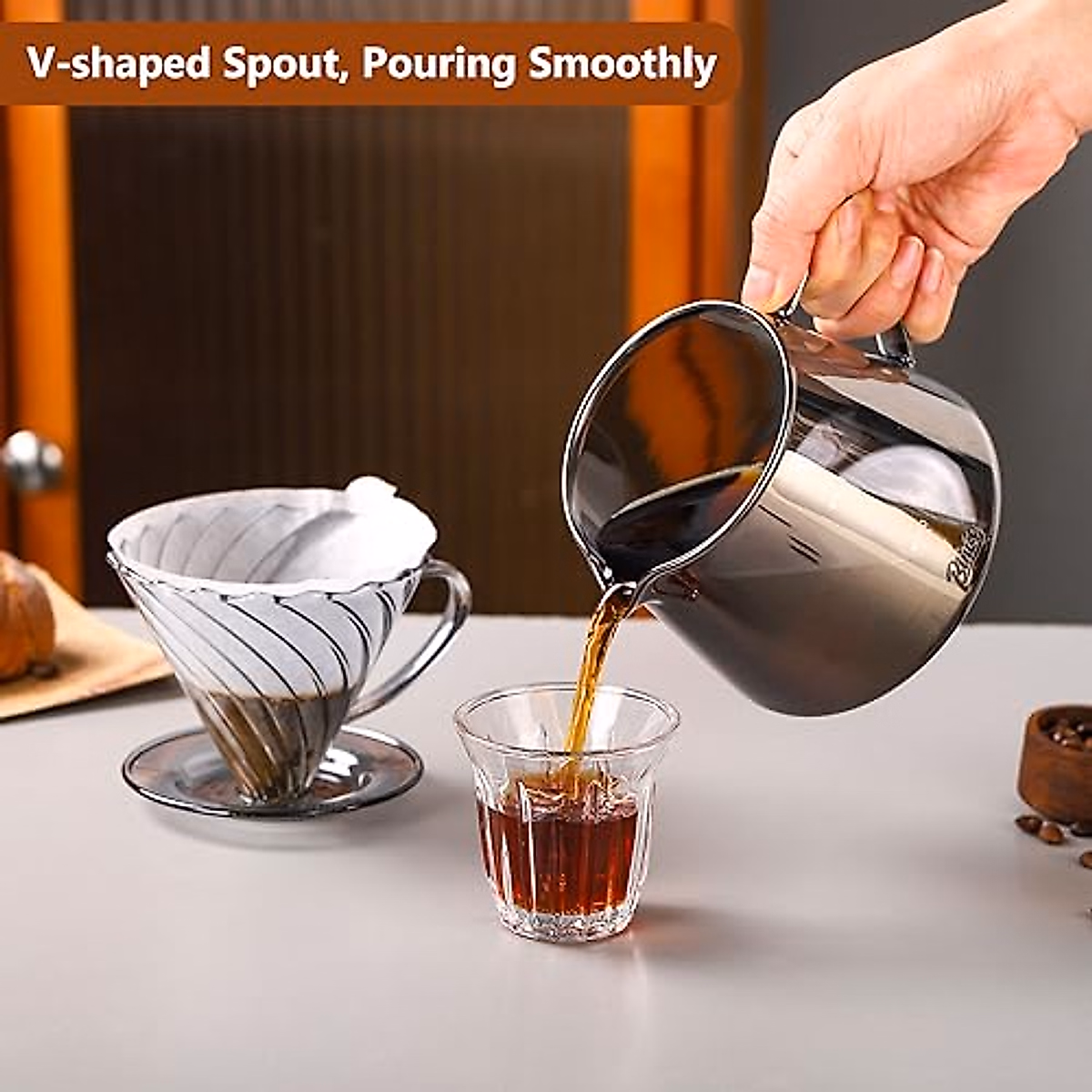 Bincoo Glass Coffee Server Set 600ml- Glass Pour Over Coffee Maker Set with Dripper, V60 Coffee Pot with 50 Count Paper Filter for Home and Office (Dark Gray)