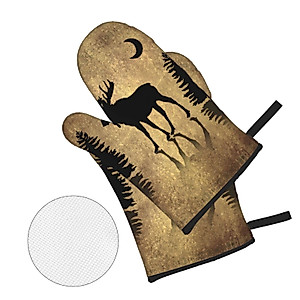 DONMYER Rustic Elk Moose Deer Forest Pine Tree Moon Design Oven Mitts and Pot Holders Sets of 4 Vintage Animal Heat Resistant Gloves Set Potholders for Kitchen Grilling Non-Slip, 7.2x11in+8x8in