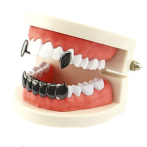 18k Gold Plated Vampire Dracula Teeth Grillz 2pc Single Fangs and 6 Bottom Grillz Set