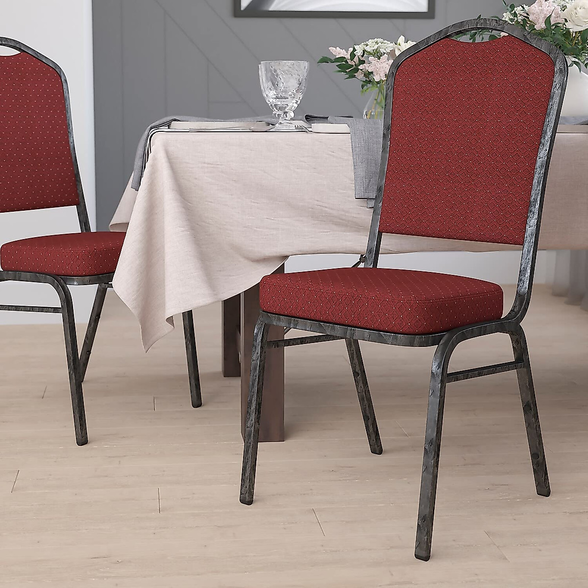 Flash Furniture HERCULES Series Crown Back Stacking Banquet Chair in Burgundy Patterned Fabric - Silver Vein Frame