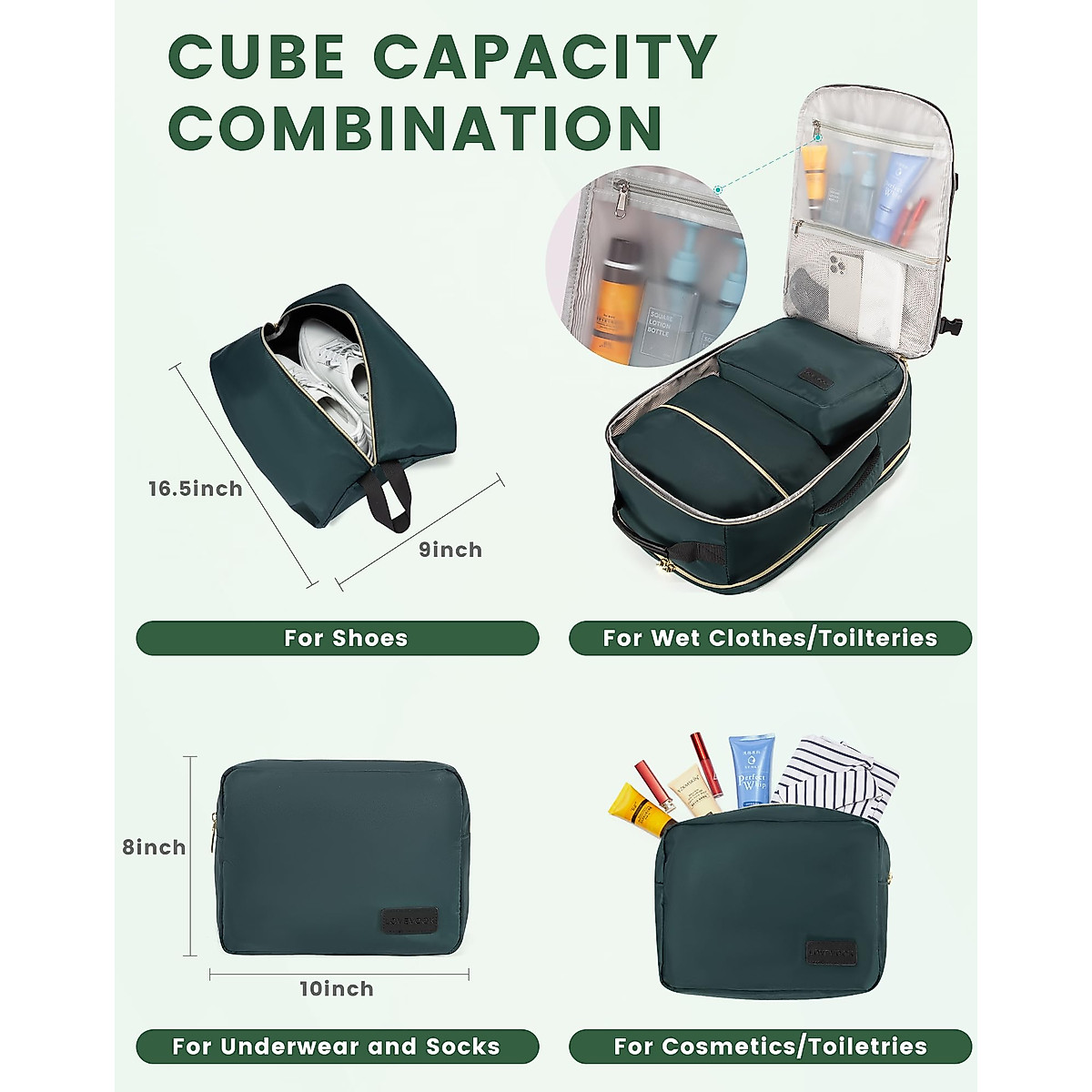 LOVEVOOK Travel Carry on Backpack as Personal Item Flight Approved for Men, 40L Waterproof Large 17inch Laptop Luggage Daypack Business Weekender Overnight with 3 Packing Cubes, Green