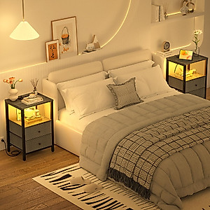 Cyclysio NightStands Set of 2 with LED Lights, Night Stand with Charging Station, 25.6'' Bedside Tables with 2 Drawers for Bedroom Living Room, Grey