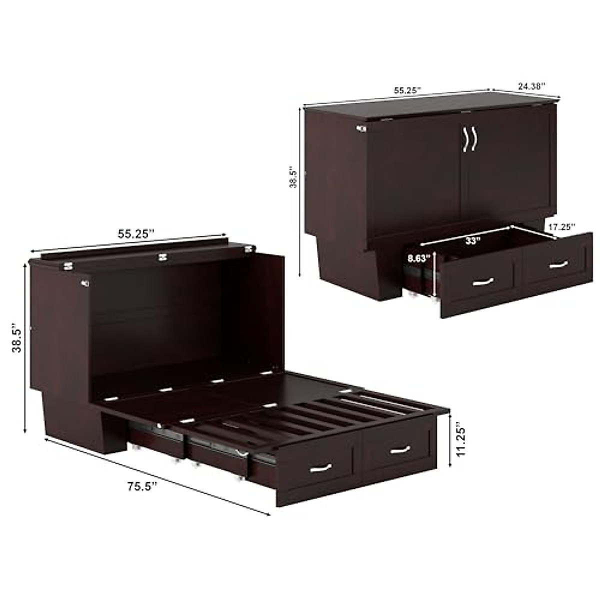 AFI, Monroe Murphy Bed Chest with 6 inch Memory Foam Folding Matttress, Built-in Charging Station and Storage Drawer, Full, Espresso