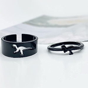 Matching Hollow Dinosaur Couple Open Rings Set,4Pcs Animal Dinosaur Knuckle Stackable Finger Rings Band Sets for Him Her Wedding Jewelry (Silver Black 4pcs)