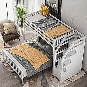 Harper & Bright Designs Twin Over Full Loft Beds, Bunk Beds Twin Over Full with Stairway and Storage, Full-Length Guardrail, No Box Spring Needed (White Twin Over Full Bun Beds)