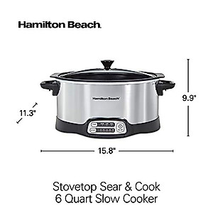 Hamilton Beach 33662 Programmable Slow Cooker with 6 Quart Stovetop-Safe Sear & Cook Crock, Silver