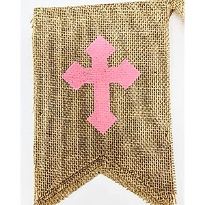Shimmer Anna Shine Burlap God Bless Banner for Baby Girl Boy Baptism Decorations Christening First Communion Confirmation Baby Shower Wedding Birthday Party Photo Props (Pink)