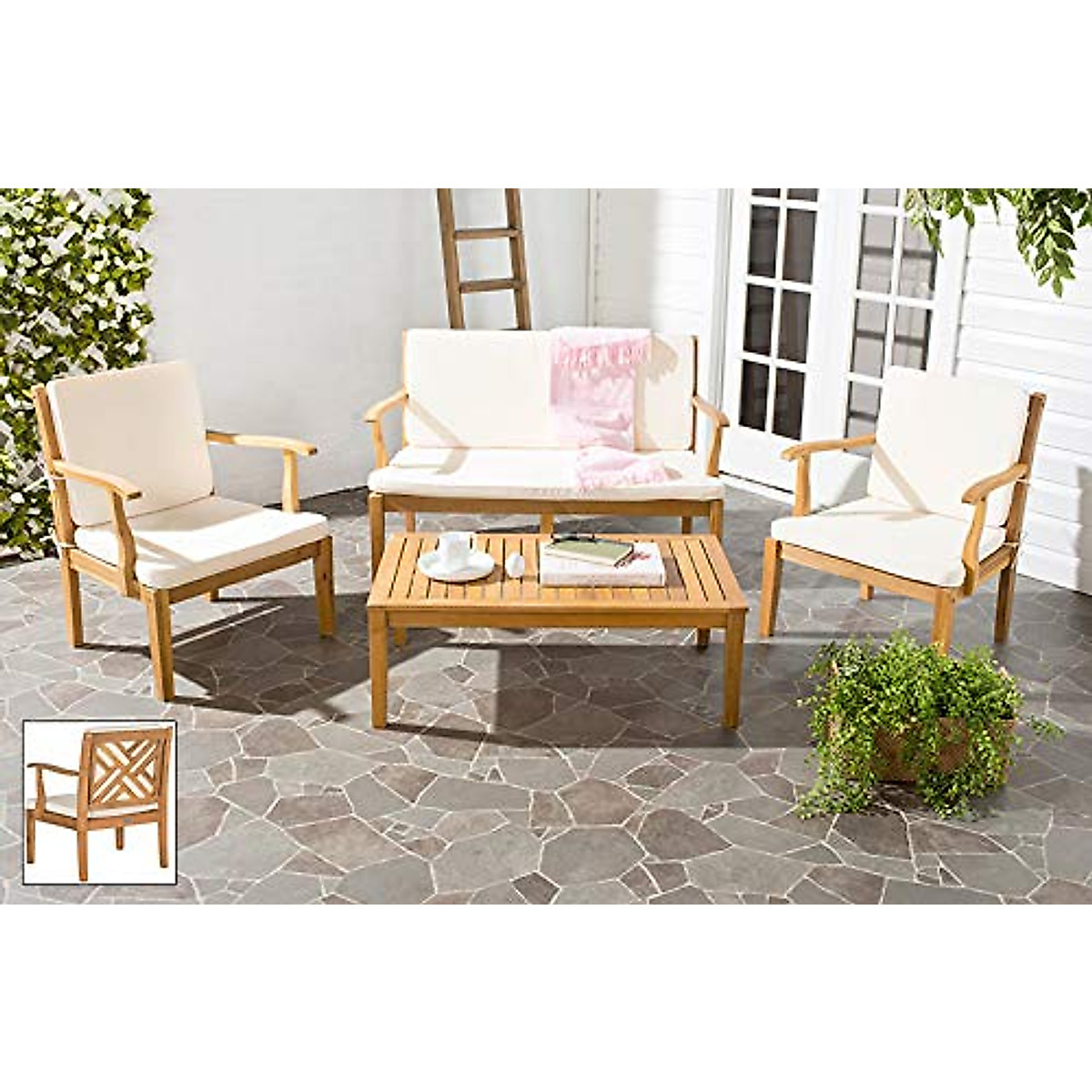 SAFAVIEH Outdoor Living Collection Bradbury 4-Piece Outdoor Living Set, Natural/Beige, Chair: 25.6" x 24.8" x 31.9" Bench: 48.4" x 24.8"
