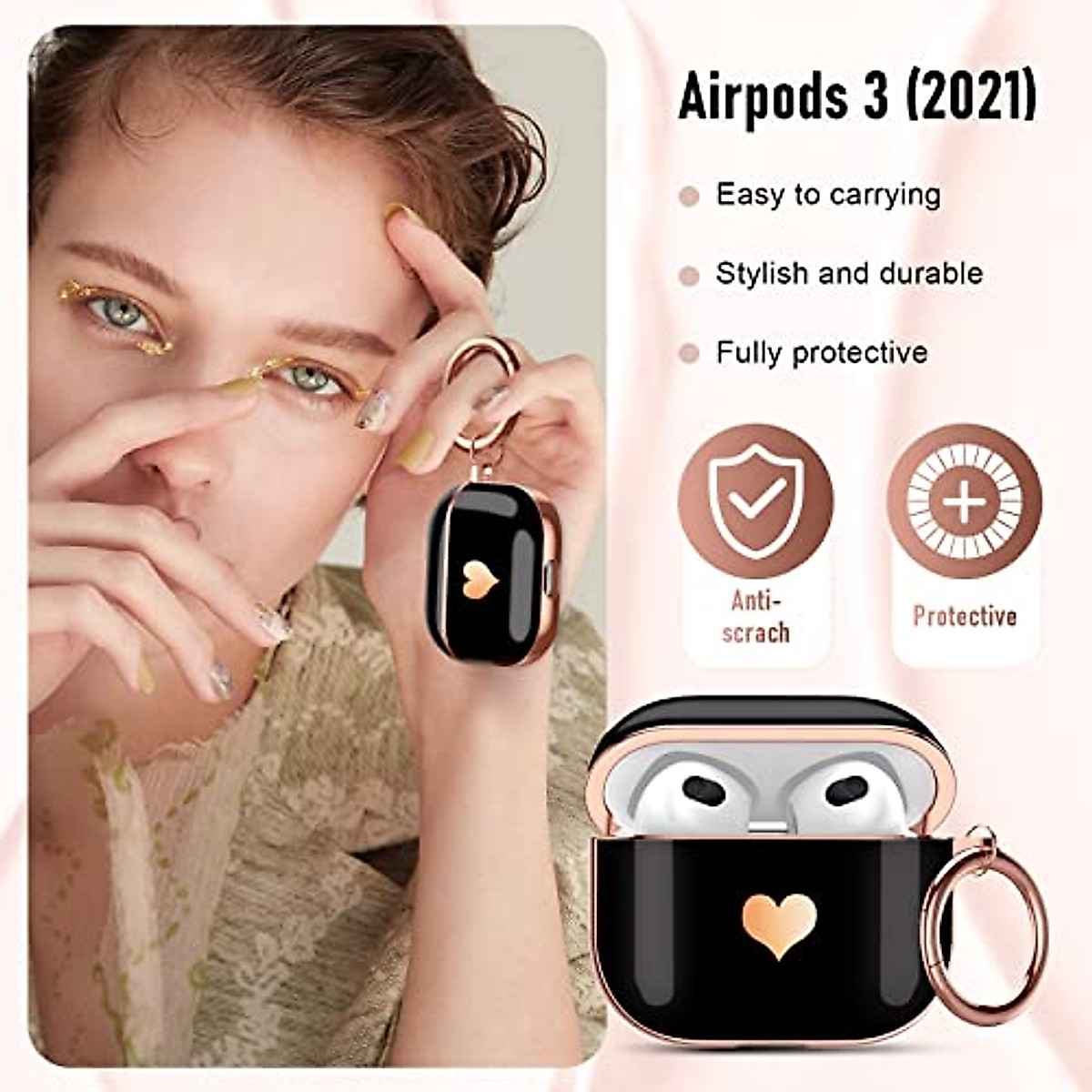 Maxjoy AirPods 3rd Generation Case Cover, Cute Electroplating with Gold Heart Pattern with Lanyard Shockproof Cover for Girls Woman Airpods 3 case-Black