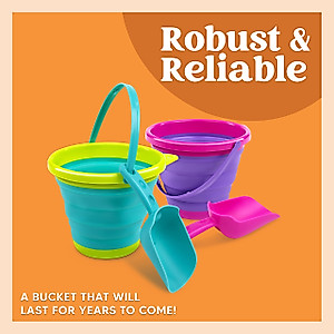 JOYIN Foldable Beach Bucket Set - 3 Packs Collapsible Toy Buckets with Shovels and Mesh Backpack for Kids Toddlers Party, Camping Gear, Travelling, Fishing Water Pail (Pink/Purple/Green)