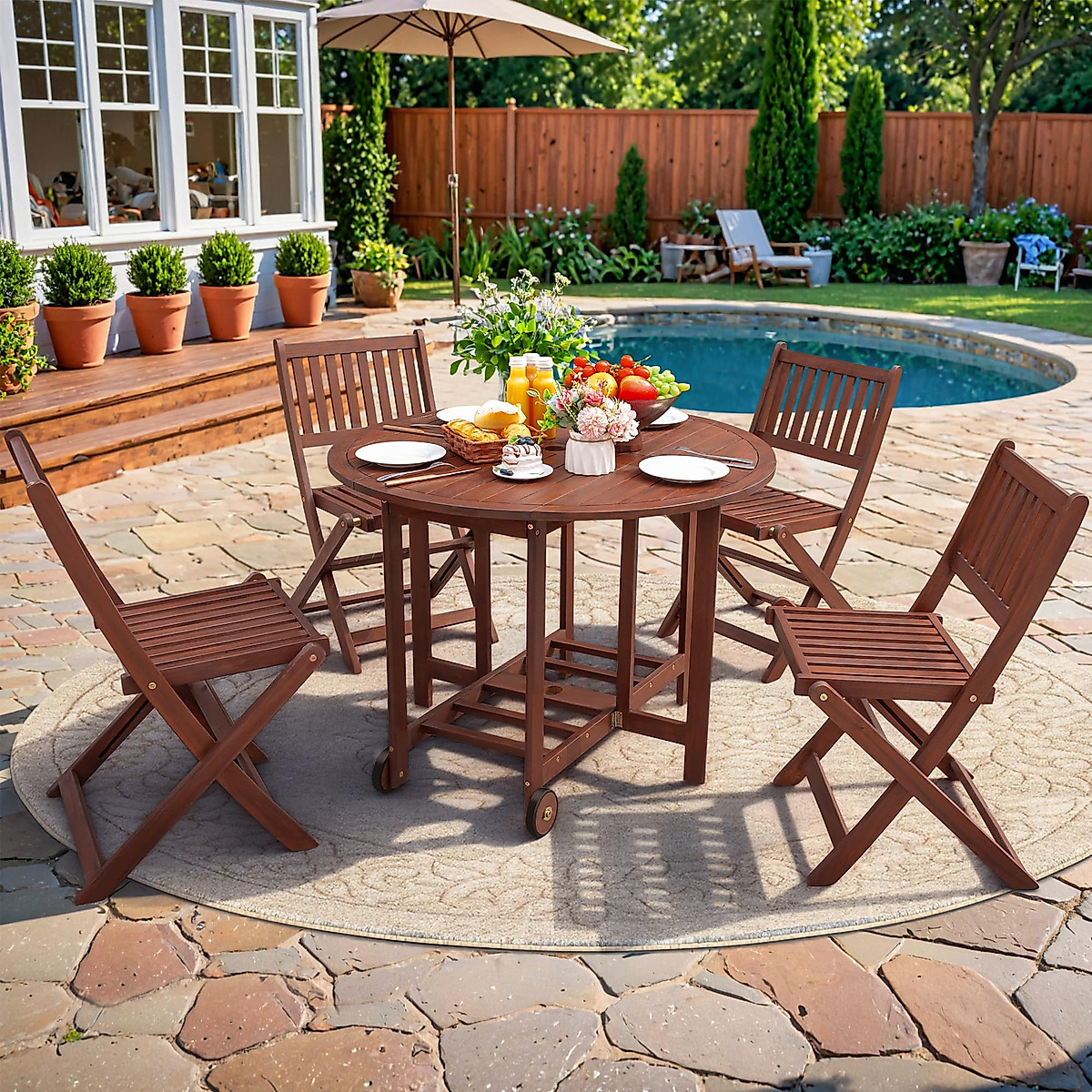 Greesum 5 Piece Patio Dining Set Outdoor Acacia Wood Furniture All-Weather Folding Round Table and Chairs for Backyard,Balcony,Porch,Deck,Garden, Dark Brown