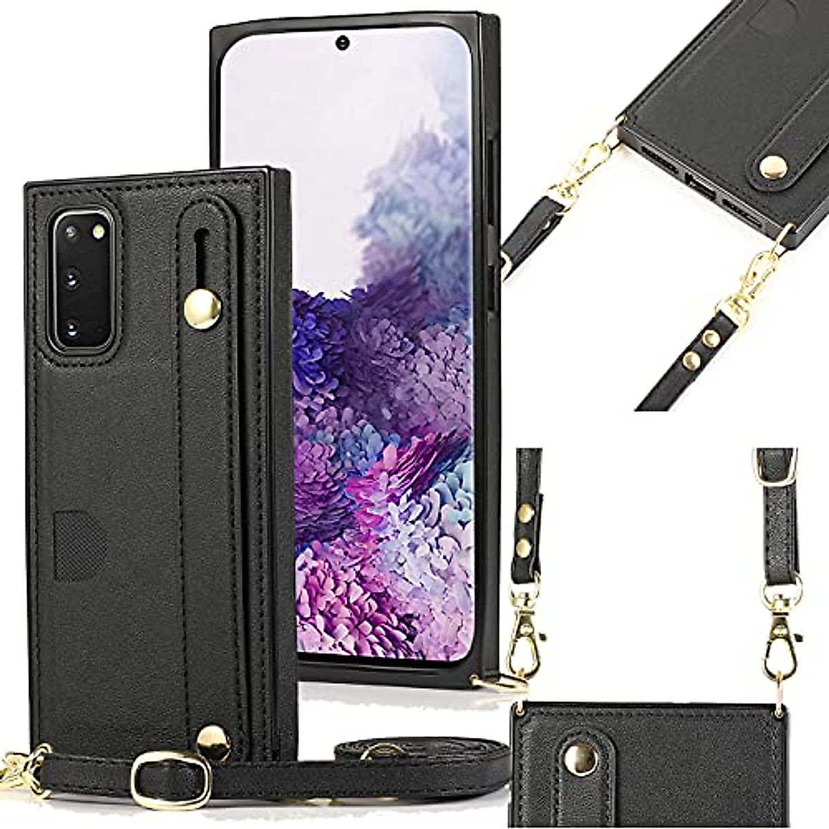 Samsung Galaxy S20 FE 5G Wallet Case,ZYZX Removable Adjustable Leather Strap Crossbody Card Holders Case Neck Strap Lanyard Purse Shoulder Strap w/Kickstand Case for Samsung Galaxy S20 FE 5G KB Black