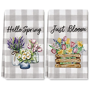 AnyDesign Hello Spring Kitchen Towels Spring Floral Blossoms Dish Towel 18 x 28 Inch Gray White Buffalo Plaids Flower Hand Drying Tea Towel for Cooking Baking Cleaning Wipes, Set of 2