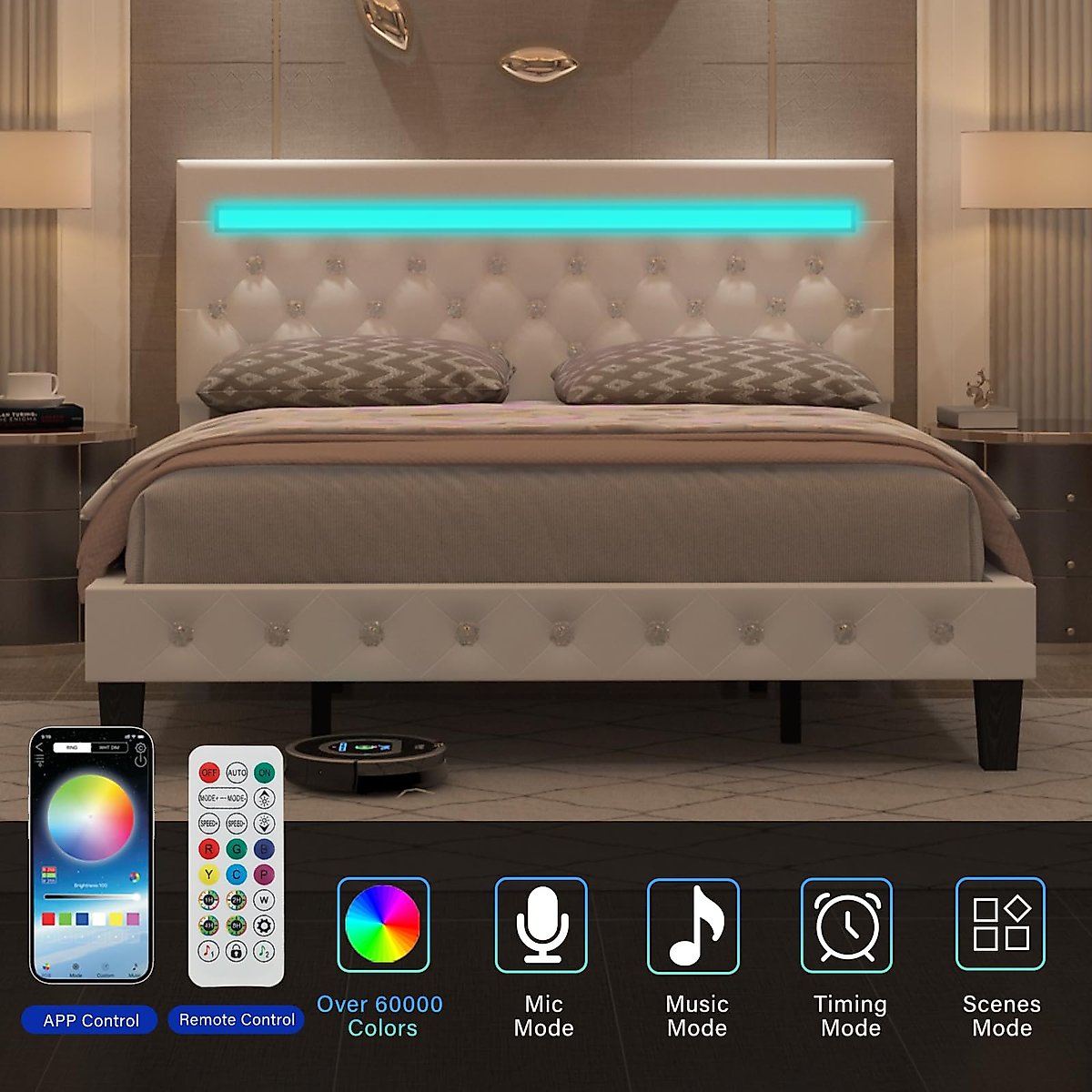 Benevika Full Size Bed Frame with LED Lights, Upholstered Platform Bed Frame, Adjustable Headboard with Charging Station, Wooden Slats Support, Easy Assembly, No Box Spring Needed, White