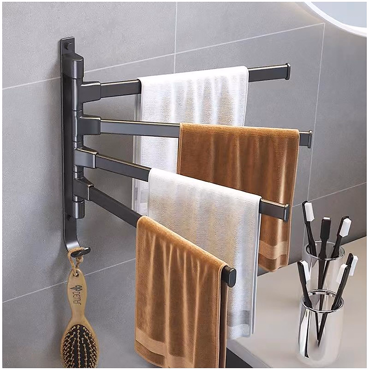 4-pole 180 ° rotatable towel bar, aluminum alloy swing arm Bath Towel Bars bathroom towel rack, swing hook towel rack storage rack, bathroom wall mounted towel storage rack, Silver gray