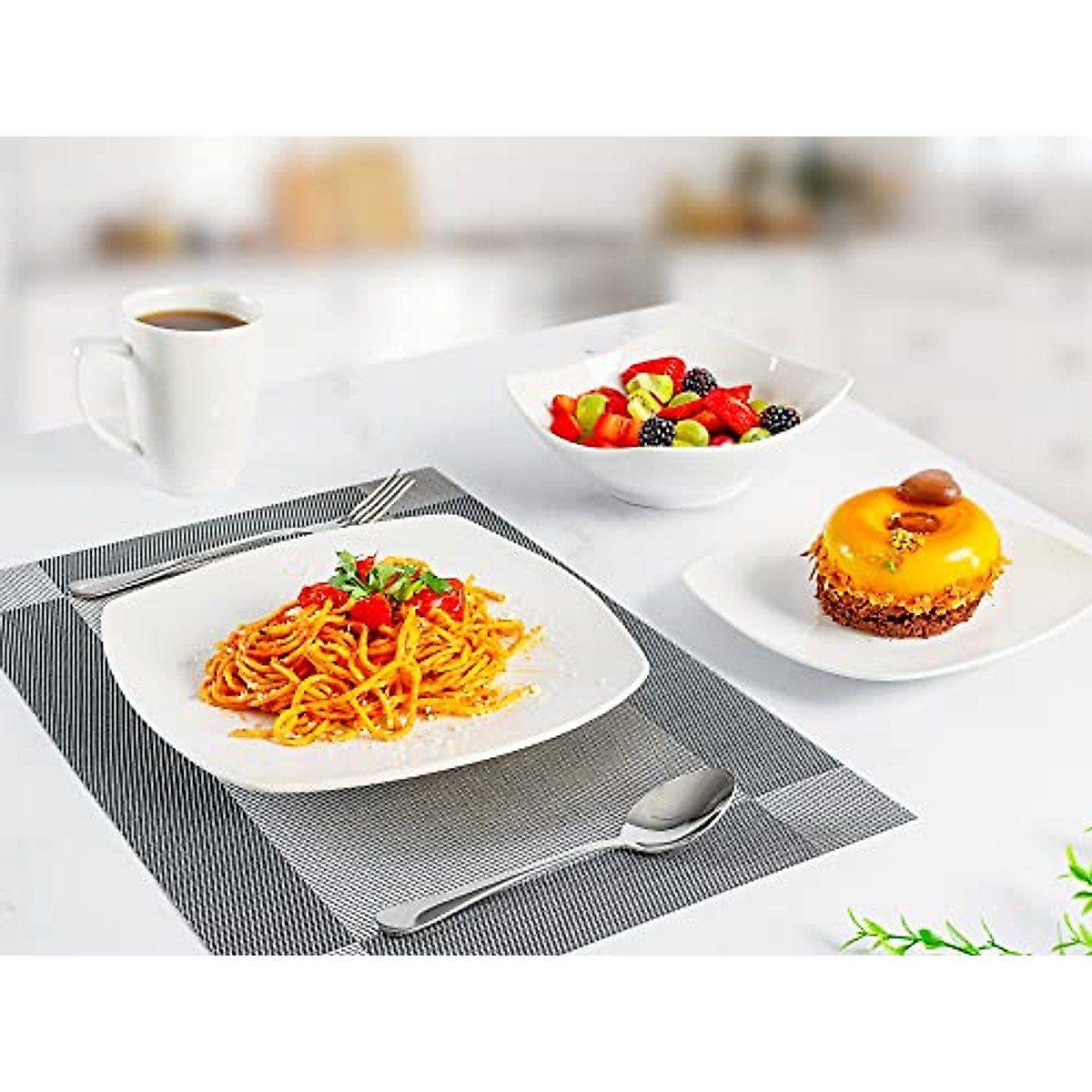 Zulay (16 Piece) Square Dinnerware Sets -Premium Quality Porcelain Plates Set & Dishes Set - Service For 4 Dishware Sets With 4 Plates, 4 Side Plate, 4 Soup Bowl, 4 Square Mug & 2 Silver Sponges