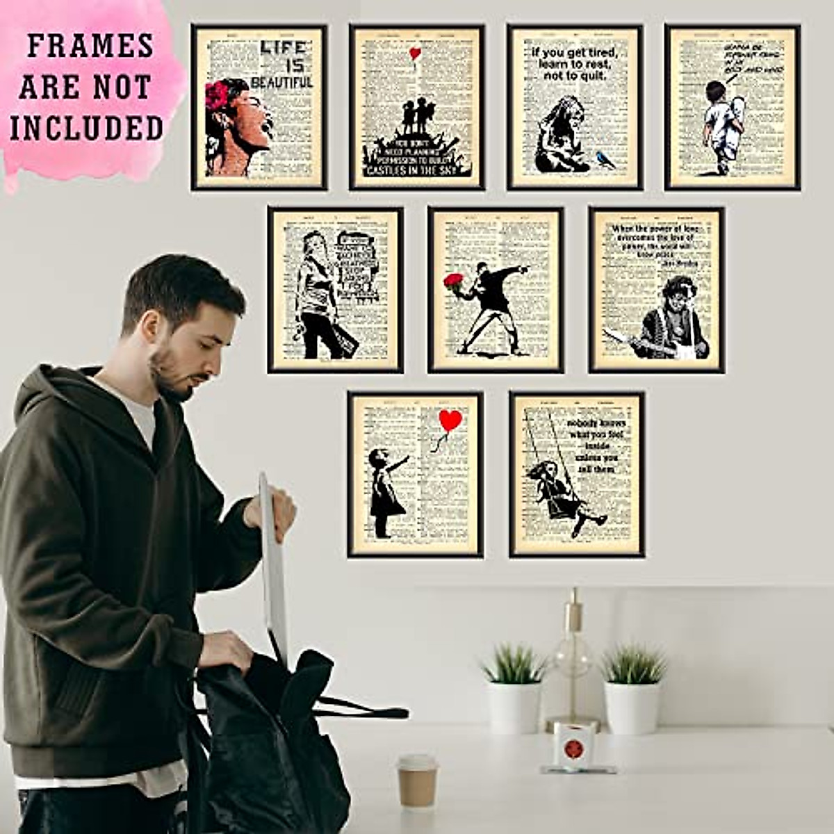 Banksy Wall Art Set - Motivational Graffiti Street Art Positive Inspirational Quotes Encouraging Poster for Living Room Teens Bedroom Home Office Decor - Unframed 8 x 10 Dictionary Prints